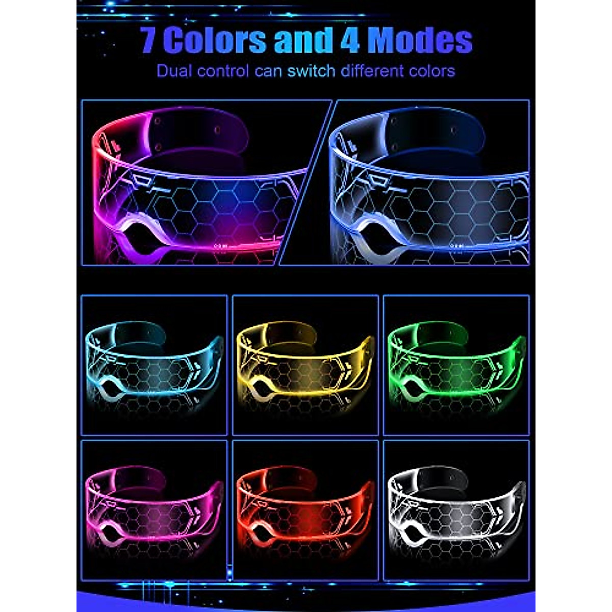TOODOO 2 Pairs LED Visor Glasses 7 Colors Futuristic Glasses 4 Modes Light Up Glasses Honeycomb Luminous Glasses for Adults (Elegant Style)