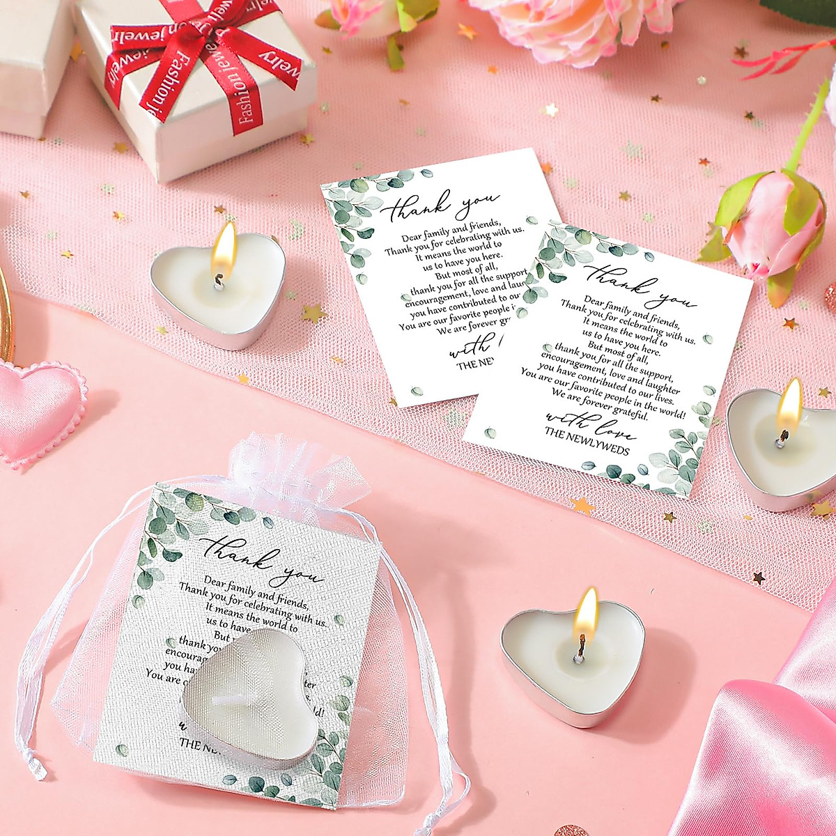 Threlaco 100 Sets Wedding Gifts for Guests Heart Shaped Candles Mini Candles Wedding Candle Gifts for Guests Thank You Cards and Organza Bags for Wedding Party Favors