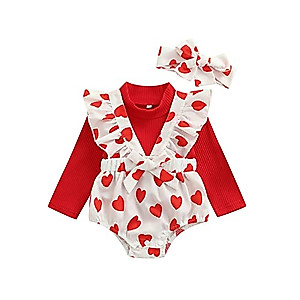 Kaipiclos Infant Baby Girl Valentine'S Day Outfits Ruffle Long Sleeve Pullover Love Heart Suspender Shorts Romper Fall Clothes