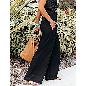 Zontroldy Cotton Linen Wide Leg Palazzo Beach Pants for Women Casual Elastic High Waist Smocked Lounge Pants(0628-Black-1-XL)