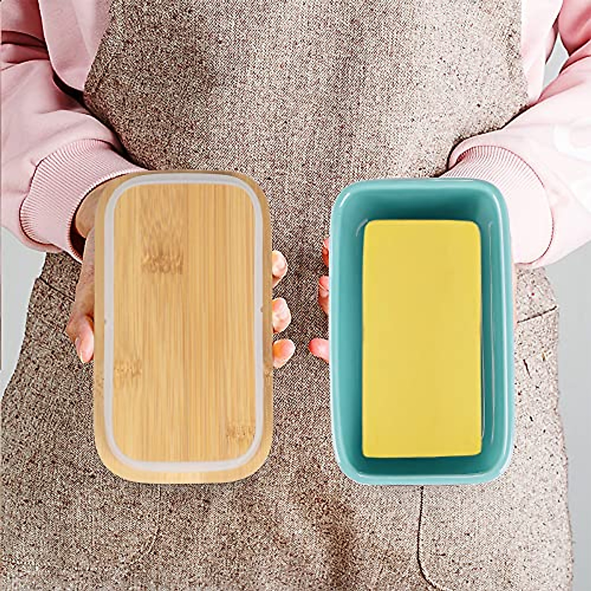 Ceramic Butter Dish with Wooden Lid, Lxmons Large Butter Container Keeper Storage with Stainless Steel Butter Knife Spreader, Bamboo Cover and Silicone Sealing Ring for West East Coast Butter, Green