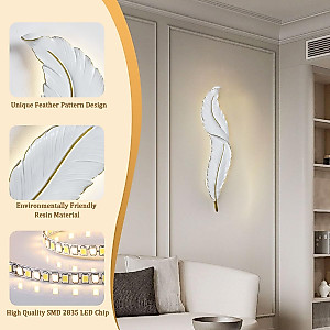 Qepeety LED Wall Lighting White Feather Wall Sconce Lamp 3 Color Temperature & 3 Brightness Level Modern Resin Light Fixtures for Hallway Entryway Living Room (Large)
