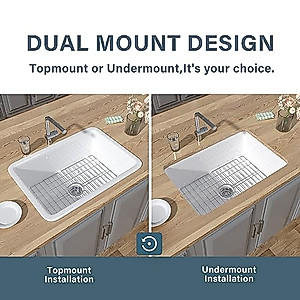 Kitchen Sink Drop In 27"x19" HOMLYLINK Pure White Kitchen Sink Undermount Kitchen Sink Dual Mount Drop In Kitchen Sink 27 Inch Single Bowl Fireclay Sink Custom Accessories Included