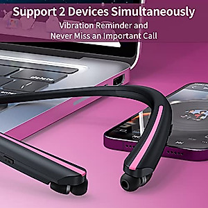 Retractable Bluetooth Headphones Neckband, Headset Wireless with High Volume Earbuds Call Sweatproof Vibrate Alert Earphones with Mic Work with iPhone, iPad, Samsung, Android (PK)