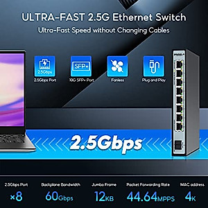 SODOLA 8 Port 2.5G Ethernet Switch with 10G SFP,60Gbps Switching Capacity,Plug & Play/Wall Mountable/Fanless Metal Multi-Gig Unmanaged Network Switch