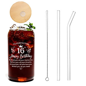 16th Birthday Gifts for Her, Happy 16th Birthday Decorations for Her, Funny 16 Year Old Birthday Gift Ideas for Her, Friends, Sister, Daughter - 16 Oz Can Shaped Glass Cups with Lids and Straws
