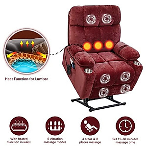 Electric Power Lift Recliner Oversize Chair Dual Motor Vibration Massage Heated Gift Fabric Single Sofa for Elder with Side Pockets Cup Holders for Living Room 180 Degree for Flat Sleeping