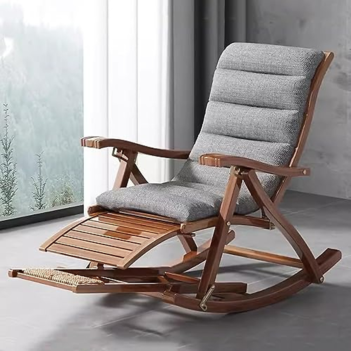 LEIYTFE Garden Bamboo Rocking Chair Folding Reclining Patio Chairs Adjustable Back Balcony Lounge Chair with Foot Massage,Upholstered Rocker Chair for Elderly (Color : Gray, Size : Log)