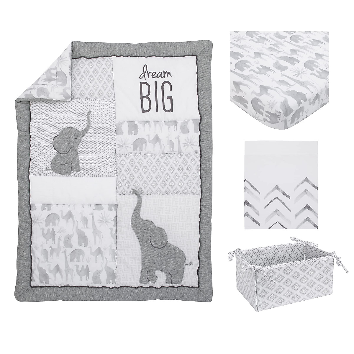 NoJo Elephant Tribe Grey and White 4 Piece Nursery Crib Bedding Set - Comforter, Fitted Crib Sheet, Dust Ruffle, Nursery Organizer