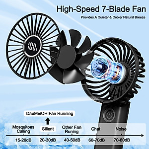 Portable Handheld Mini Travel Fan Rechargeable, Small Neck Lanyard Electric Fan Battery Operated for Women, Foldable Desk Cooling Fans with LED Screen 6000mAh Power Bank and USB Cable - Black
