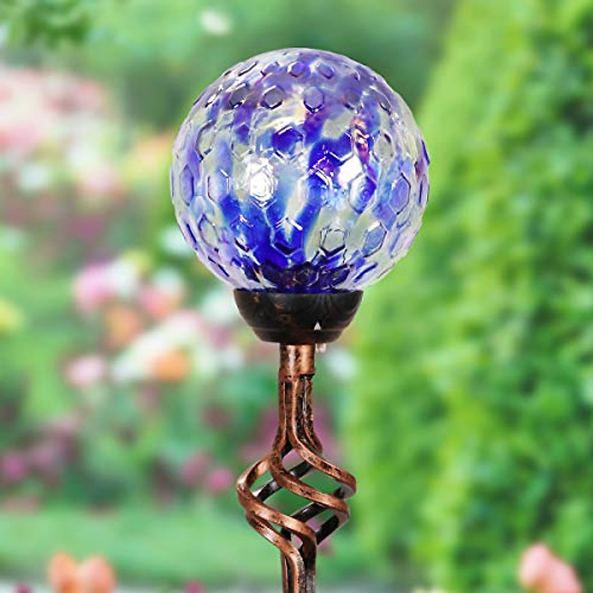 Exhart Garden Solar Lights, Decorative LED Honeycomb Glass Ball Garden Stake, Glass and Metal Outdoor Decoration, Dark Blue, 4 x 31 Inch