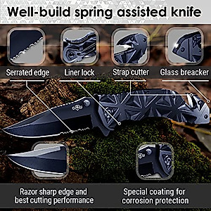 Black Pocket Knife - Serrated Sharp 3,5" Blade Folding Knives - Spring Assisted EDC Tactical Hunting Camping Knofe with Wire Cutter Glass Breaker and Pocket Clip for Men Women - Best Gift Idea HB 207