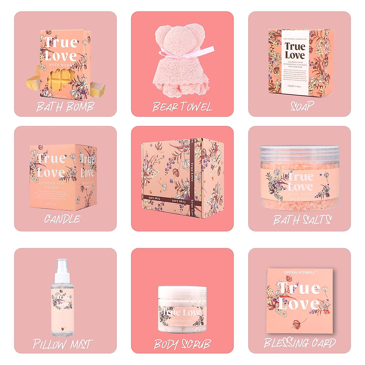 True Love Spa Gift Box for Women, Relaxing Birthday Gifts for Friends, Body Scrub, Bath Bomb, Scent Candle, etc. Best Pamper Gifts for Women, 7 Pcs Home Spa Set. Ideal for Mom & Sister.