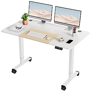 WOKA 55 x 28 Inch Electric Standing Desk, Height Adjustable Stand Up Desk, Sit Stand Desk with Memory Controllers, Adjustable Desk for Home Office with White and Oak Top and White Frame