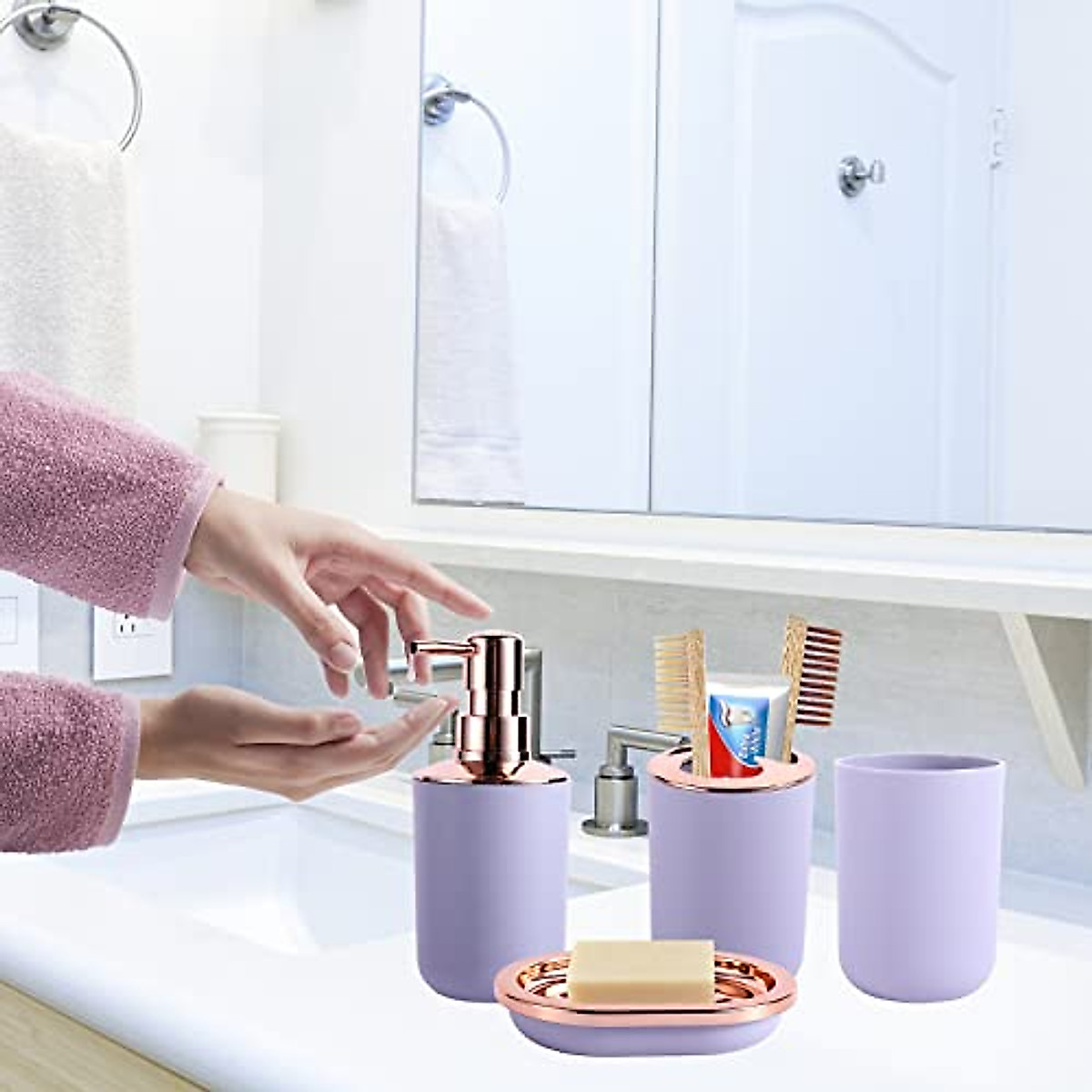 8 Pieces Purple Bathroom Accessories Set - Trash Can with Swing Lid,Soap Dispenser,Self Draining Soap Dish,Toilet Brush with Holder,Toothbrush Holder,Mouthwash Cup,Qtip Holder Dispensers