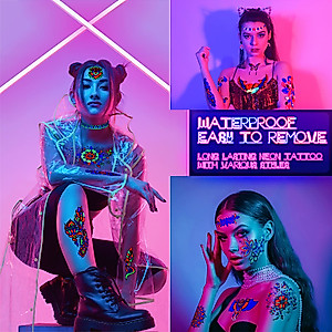 20 Sheets Glow in the Dark Temporary Tattoos UV Neon Tattoo Stickers Fluorescence Rave Festival Accessories for Women Men Face Body Makeup UV Glow Party Supplies