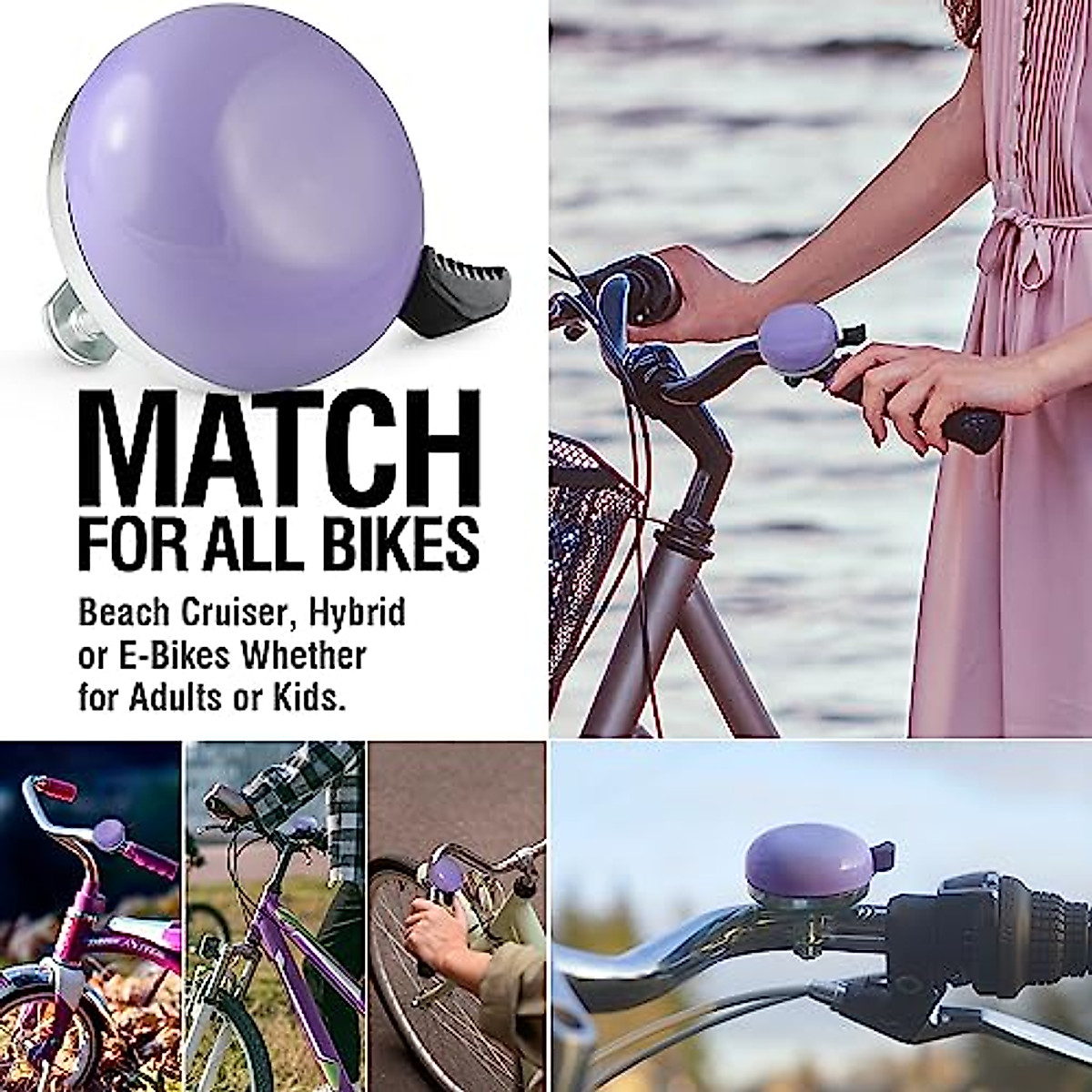 MARQUE Beach Cruiser Bike Bell – Classic Bicycle Bell Design for Adults and Kids with Traditional Ring Sound (Purple)