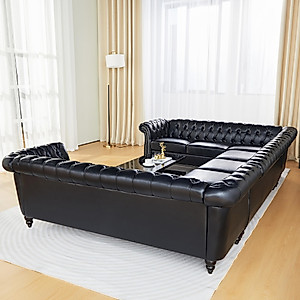 QHITTY U-Shaped Sofa, Sectional Chesterfield Leather Faux Couch 9-Seater Upholstered Large Accent Tufted Sofa with Rolled Armrest and Nailhead Design for Living Room, Apartment, Office (Black)