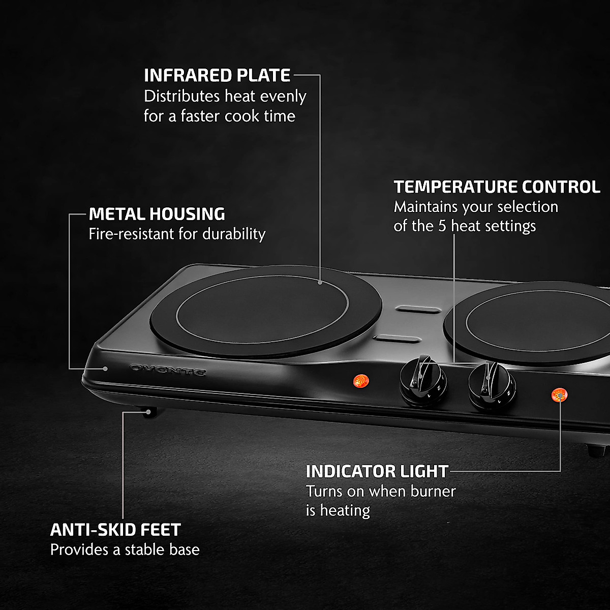 OVENTE Countertop Infrared Double Burner, 1700W Electric Hot Plate and Portable Stove with 7.75" and 6.75" Ceramic Glass Cooktop, 5 Level Temperature Setting and Easy to Clean Base, Black BGI102B