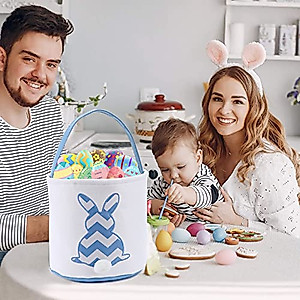 Cootato Easter Bunny Basket Bags for Kids, Stripe Rabbit Pattern Egg Basket Hunt Bags Personalized Canvas Cotton Bucket with Fluffy Tail for Easter Eggs, Candy, Gift (Blue)