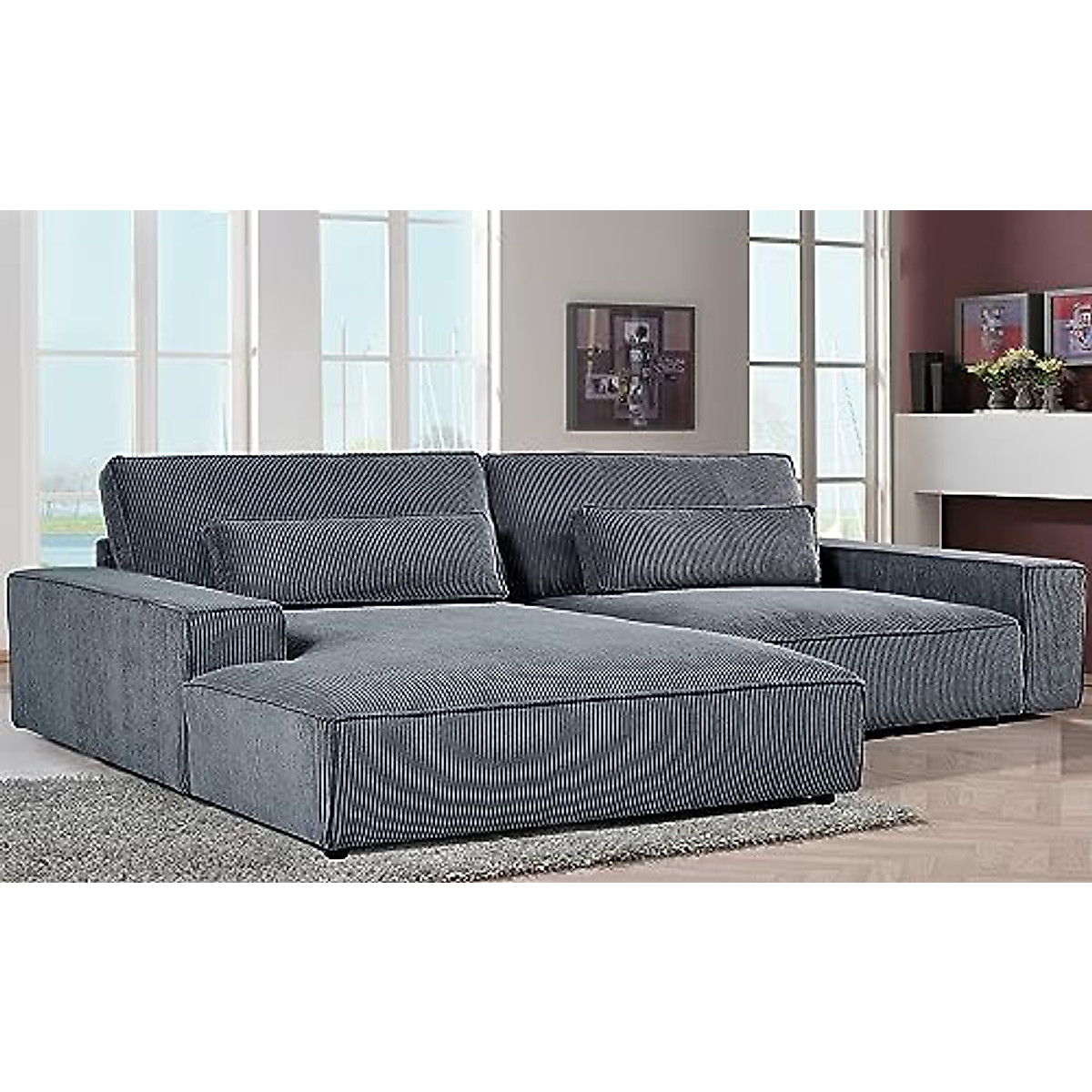 Container Furniture Direct Luxe Oversized Two-Piece Sectional Couches for Living Room, L Shaped Sofa with Chaise, Upholstered with Corduroy Fabric, Dark Grey - Left Facing