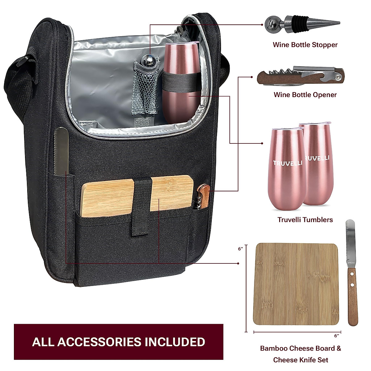 Truvelli Black Insulated Wine Tote Bag: Portable 2 Bottle Cheese Waterproof Black Canvas Carrier Picnic Kit - Stopper Attachment, Plus Wooden Charcuterie Board