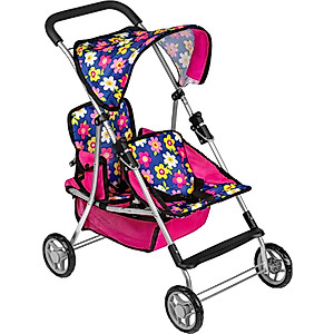 fash n kolor Twin Baby Doll Stroller - Pretend Play Baby Stroller for Dolls - Toy Stroller with Storage Basket for Baby Doll Accessories Set - Flower Design Baby Stroller Toy for Kids - Folds Easily