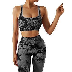 OMKAGI Women Ribbed Workout Sets Seamless Strappy Sport Bra Butt Lifting Leggings Outfits(S,04-Black Tie Dye)