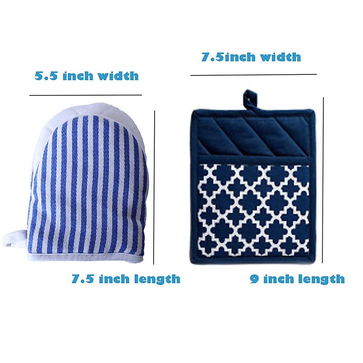 Cotton Oven Mitts and Pot Holder Sets Stripe and Geometric Trellis Pattern 4 Pack Heat Resistant 482°F Cotton Infill Breathable Fabric for Kitchen Cooking Baking