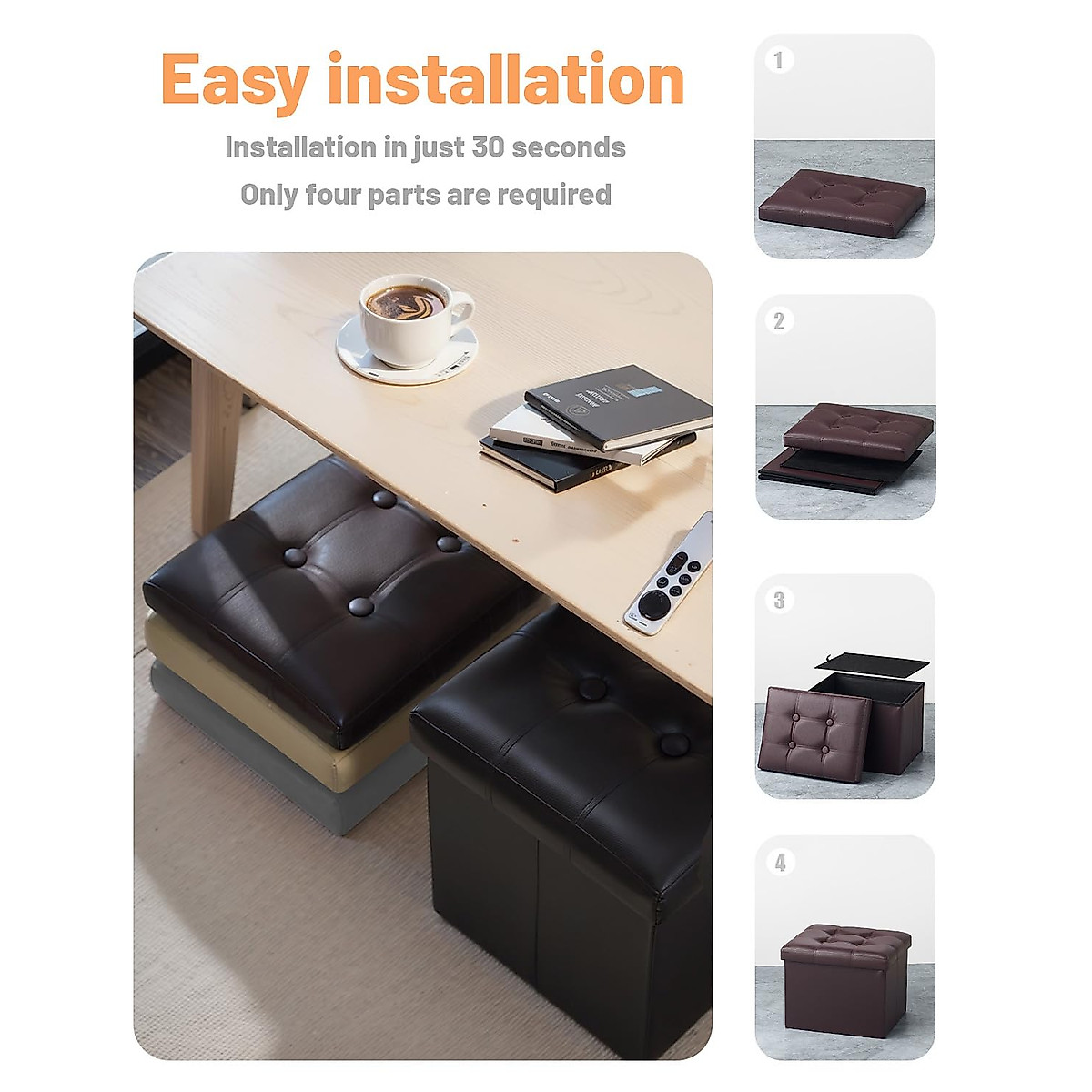 FujDun 2PC Folding Storage Ottoman with Side Pocket,16 inch Leather Ottoman Seat for Living Room Bedroom,Foot Rest Footstool,16X12X12in Brown (2PC)