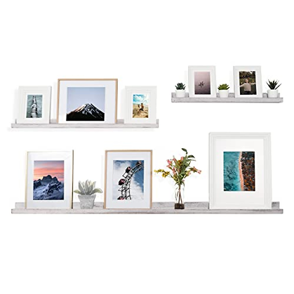 Rustic State Ted Narrow Wall Mounted Wooden Picture Ledge Photo Display Floating Shelf for Living Room Kitchen Bedroom Bathroom - Set of 6 with Varity Sizes 60 & 36 & 24 Inch - Burnt White