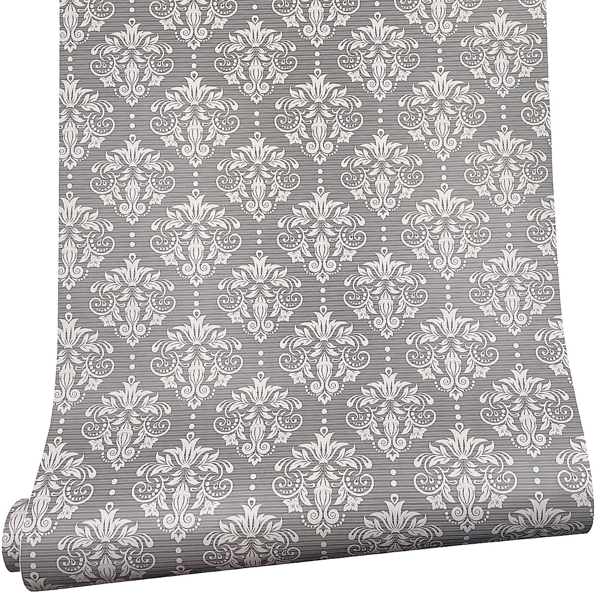 Yifely Gray-White Damask Shelf Liner Peel & Stick PVC Drawer Paper Covering Apartment Old Cabinets Shelves 17.7 Inch by 9.8 Feet Removable Countertop Decor