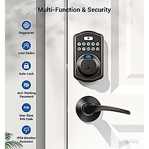 Veise Fingerprint Door Lock with 2 Lever Handles - Keyless Entry Door Lock, Electronic Keypad Deadbolt & Front Door Lock Handle Sets, Auto Lock & 1 Touch Locking, Easy Installation, Oil Rubbed Bronze