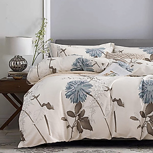 SLEEPBELLA Comforter King Size, 600 Thread Count Cotton Brown Branches and Blue Flowers Off-White Comforter Sets, Down Alternative Bedding Set 3Pcs(King, Off-White Botanical)