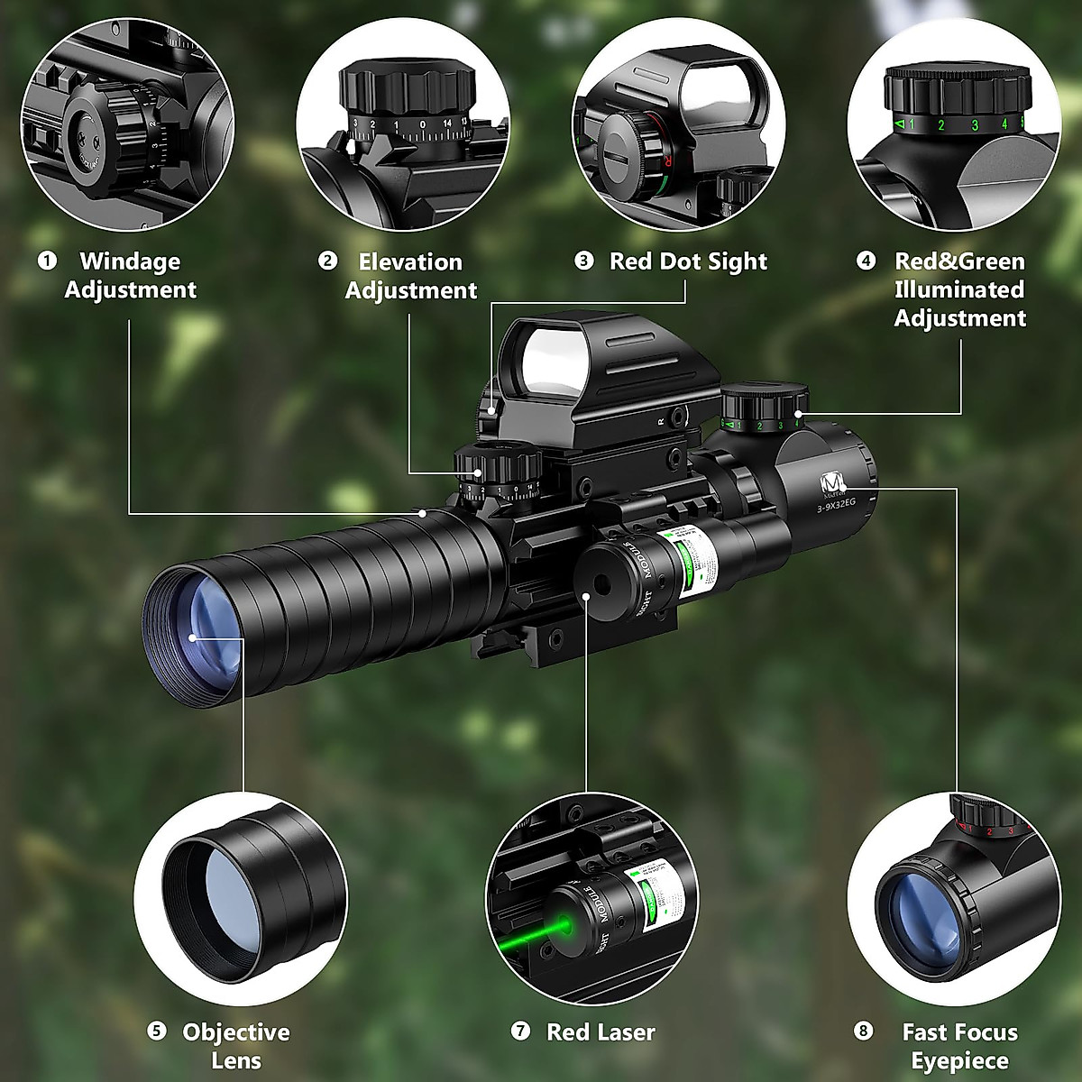 MidTen 3-9x32 4-in-1 Scope Combo with Dual Illuminated Scope Optics & 4 Holographic Reticle Red/Green Dot Sight & IIIA/2MW Laser Sight Rangefinder Illuminated Reflex Sight & 20mm Mount