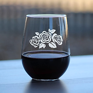 Roses Stemless Wine Glass - Floral Themed Decor and Gifts for Flower Lovers - Large 17 Oz Glasses