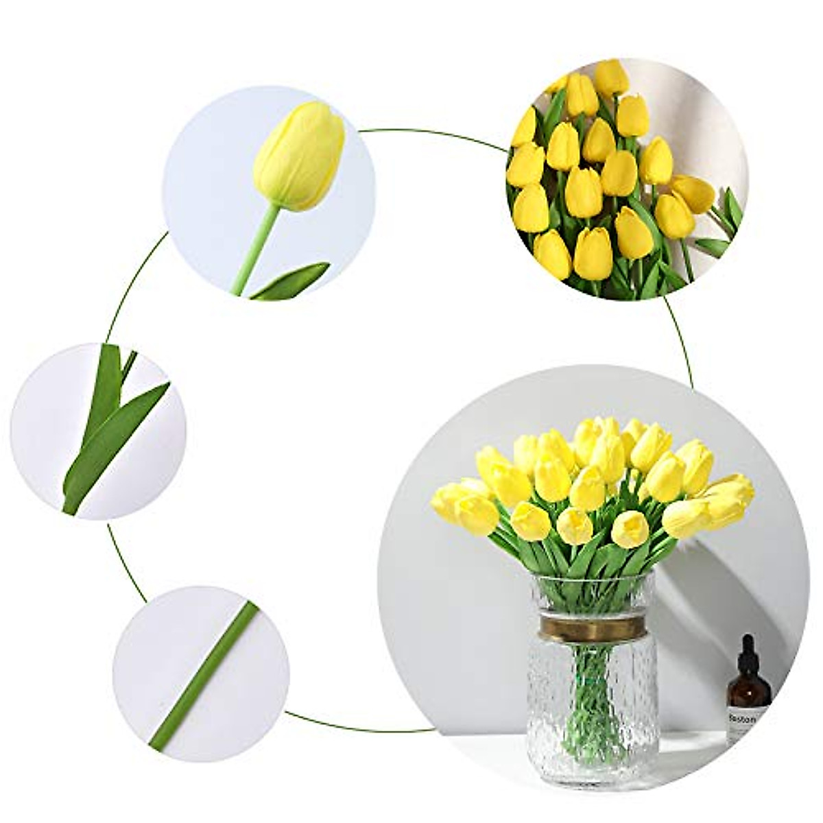30PCS Real Touch Tulips PU Artificial Flowers, Fake Tulips Flowers for Arrangement Wedding Party Easter Spring Home Dining Room Office Decoration. (Yellow, 14" Tall)