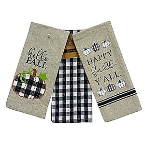 Serafina Home Farmhouse Kitchen Dish Towels: Hello Fall Happy Fall Y'all Pumpkin Theme