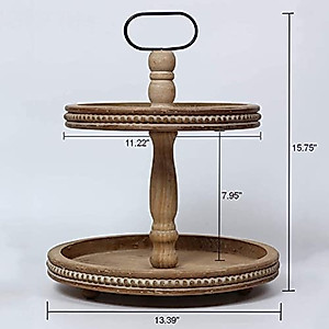 2 Tiered Tray Wooden Serving Stand Small Beaded Tray for Home Decor Display Farmhouse Country Decoration Kitchen or Dining or Room