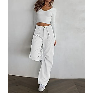 Dokotoo Womens Pants Lounge High Waisted Baggy Wide Leg Work Pants for Women Casual Combat Military Trouser Parachute Pants White