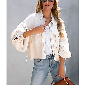 CHARTOU Women's Oversized Waffle Knit Shacket Cropped Color Block Jean Patchwork Blouse Shirt (Large, Cream)