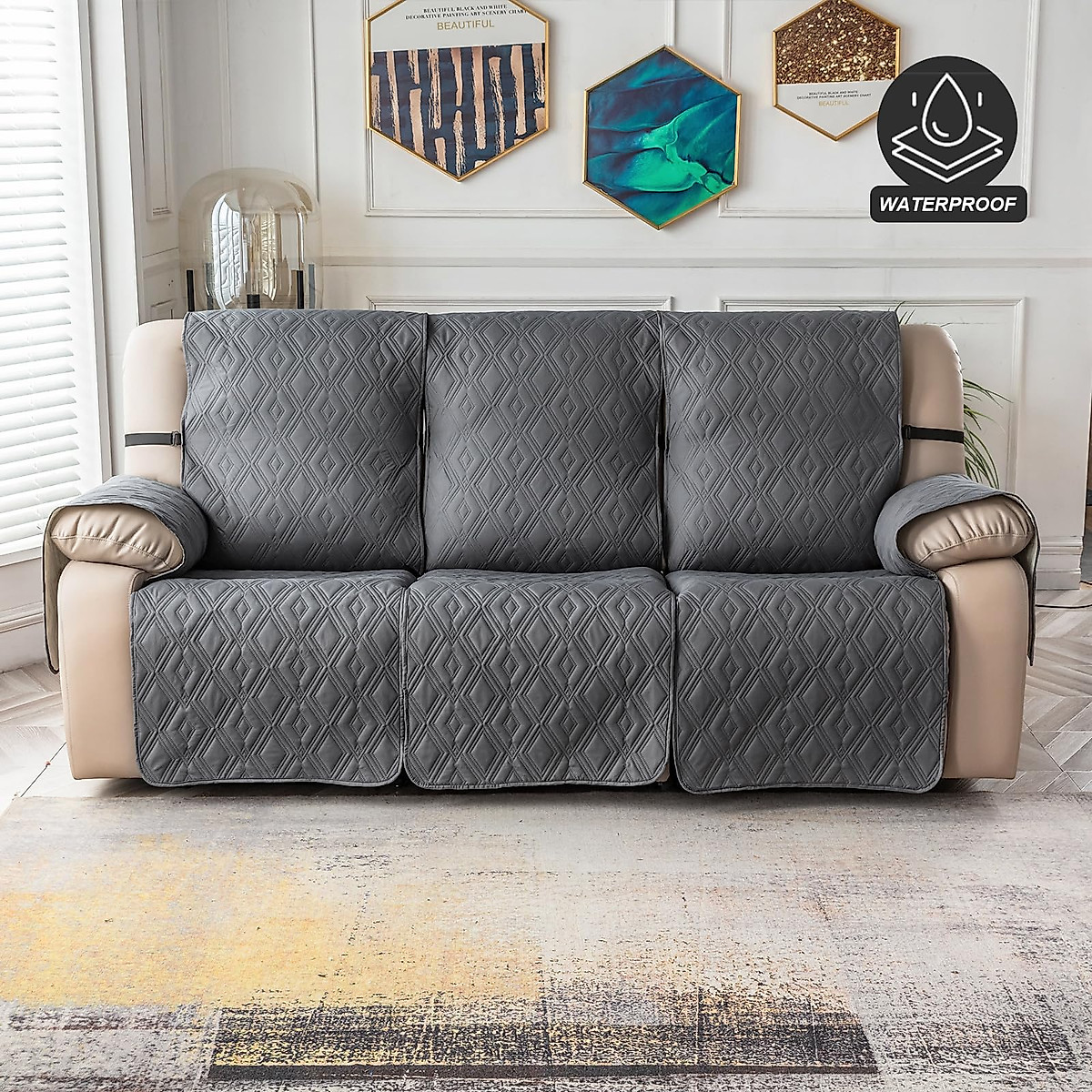 Genina Waterproof Couch Cover for Reclining Couch 3 Seat Recliner Sofa Covers, Non-Slip Recliner Couch Cover Furniture Protector with Elastic Straps for Pets, Dogs (Dark Gray, Recliner Sofa)