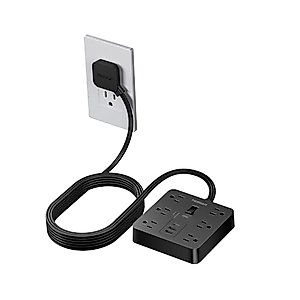 Black Surge Protector Power Strip, TESSAN Flat Plug Extension Cord 5 FT with 6 Outlets 3 USB Charger (1 USB C), 1700J Protection Multiple Outlets Charging Station for Home, Office, College Dorm Room