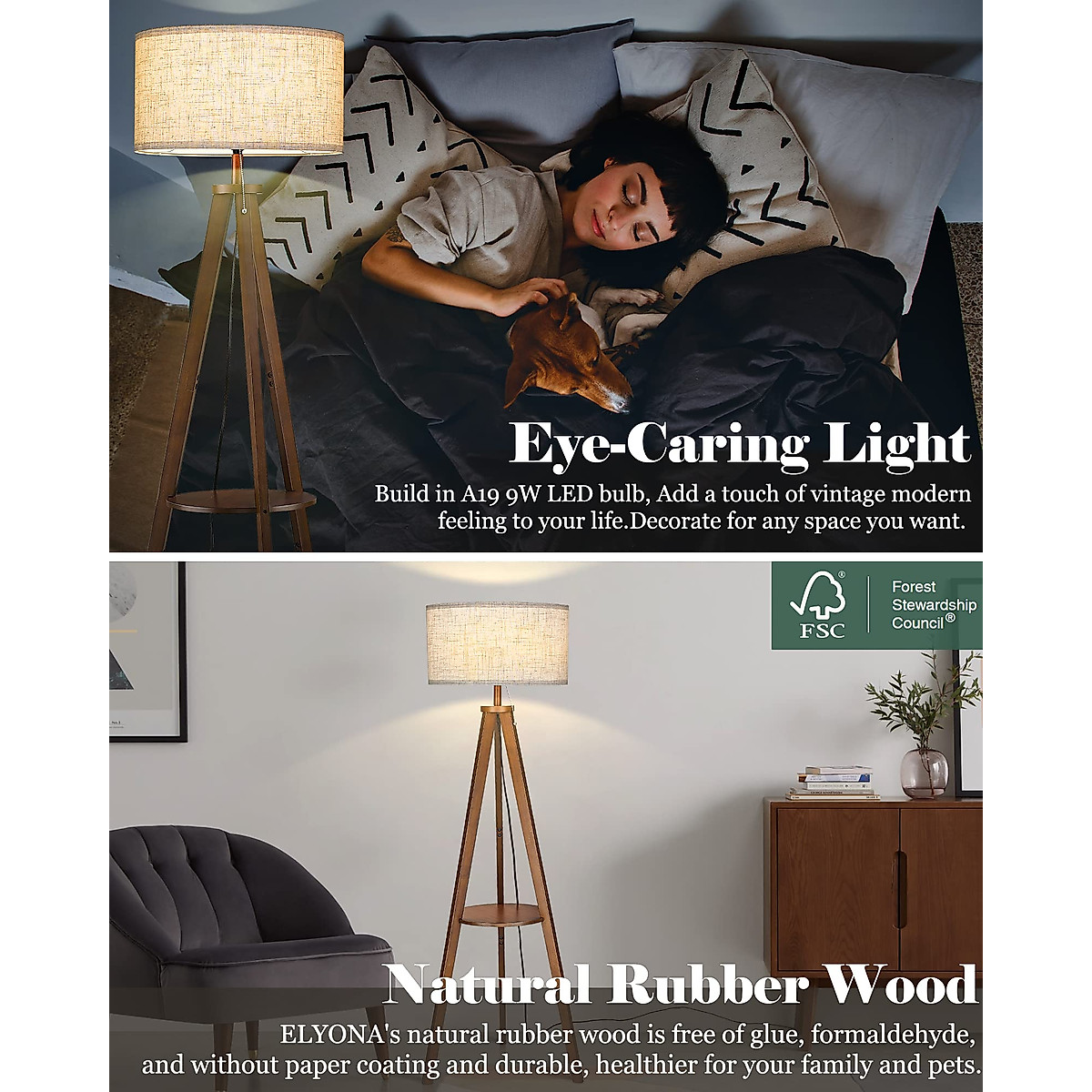 ELYONA 2 Pack Rubber Wood Hanging Lamp with Hammered Metal Shade & Rubber Wood Tripod Floor Lamp for Kitchen Island, Bar, Farmhouse Dining Room, Bedroom, Living Room