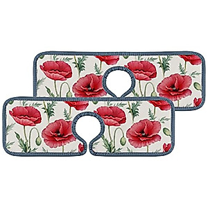 Absorbent Kitchen Faucet Mats 2 Pieces Red Poppy Flowers Faucet Sink Splash Guard Bathroom Counter and RV,Faucet Counter Sink Water Stains Preventer