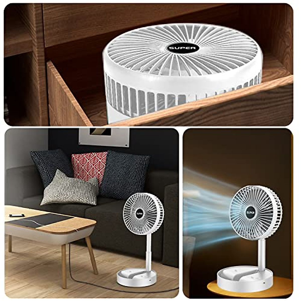 Maelifu Portable Folding Fan 3 Speeds, Stretchable Wall Mount Fan with 180 ° Adjustment Battery Powered or USB Powered, Portable Fan for Traveling Camping Home Beach Bedroom (White)