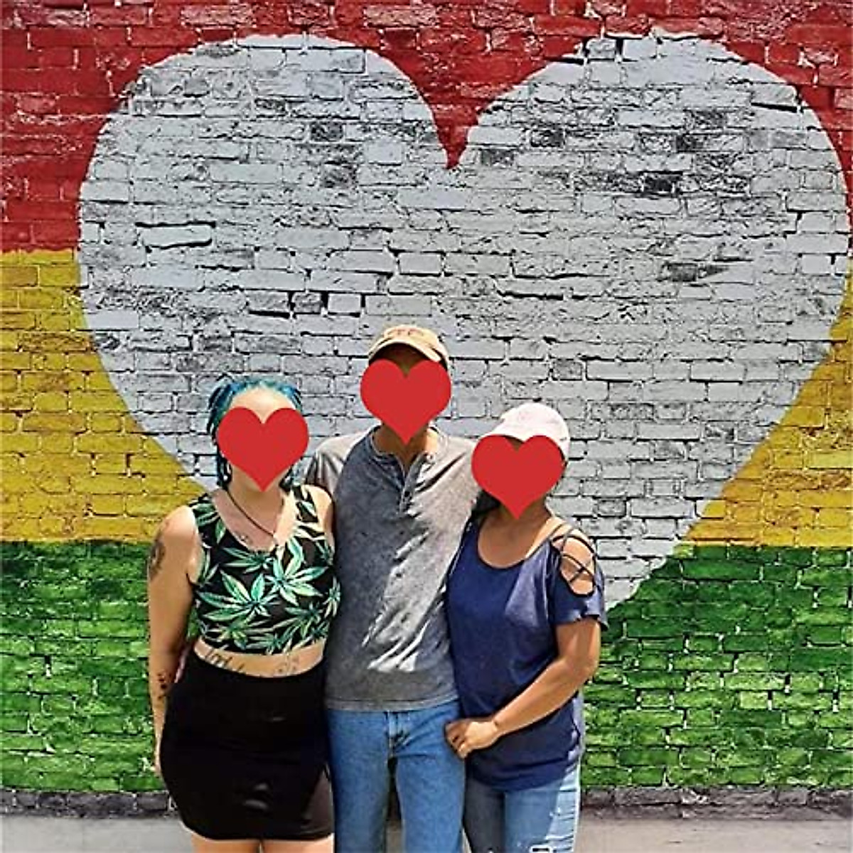 CSFOTO Polyester 4x4ft Brick Wall Love Reggae Backdrop Juneteenth Decorations for Party White Heart Yellow Green Red Striped Painted Wall One Love Birthday Party Background One Love Backdrop