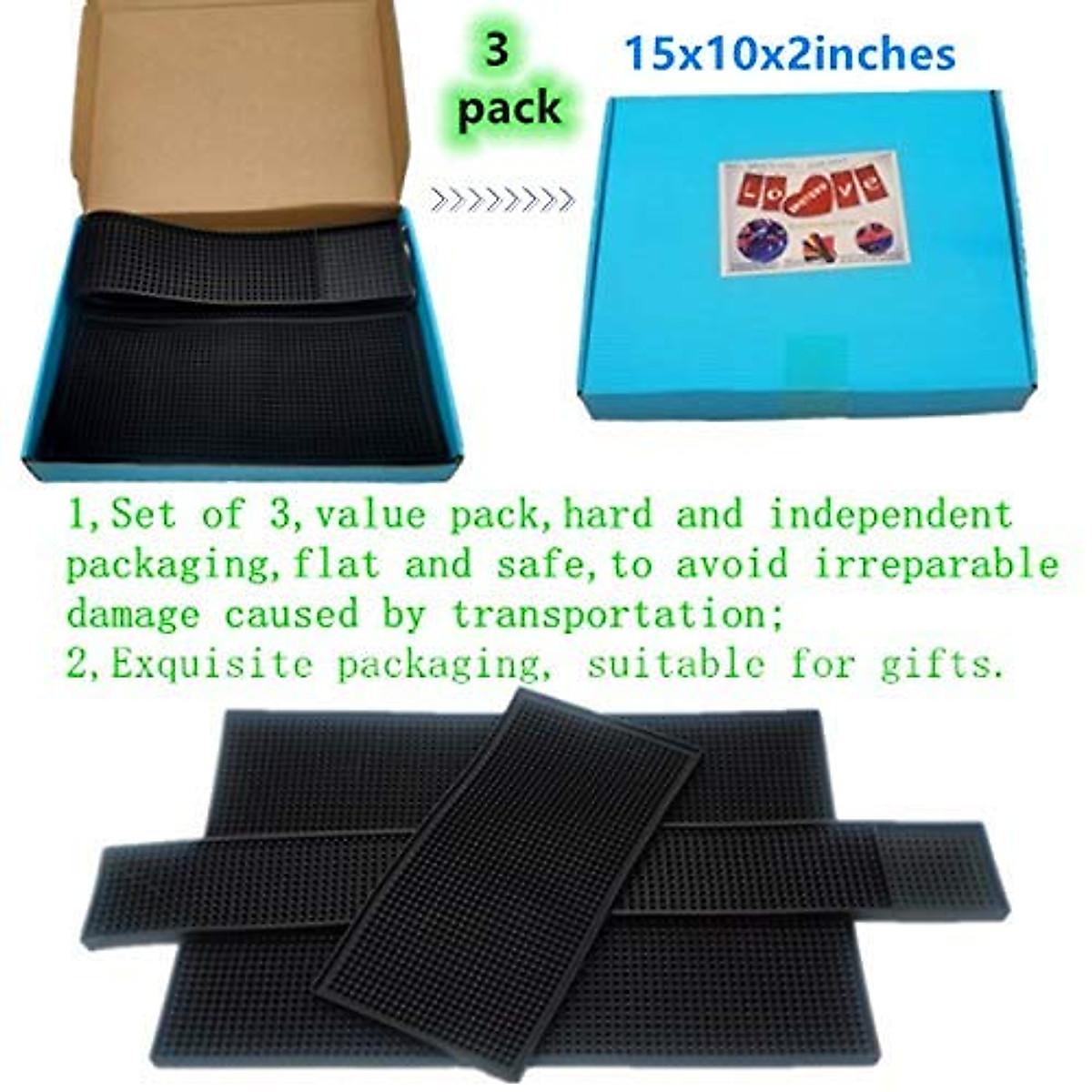 IMIYOKU Bar Mat Set of 3 Rubber Bar Service Spill Mat for Cocktail Bartender Coffee Bar or Countertop Mats Glass Drying Mat (Black, 18" x 12"+23" x 3"+12" x 6")