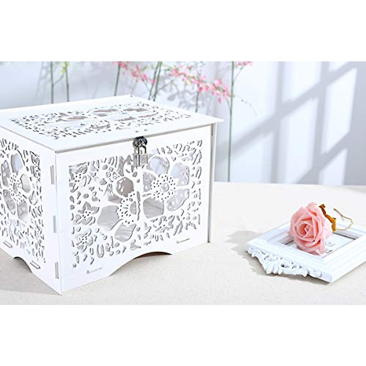 Artmag Wedding Money Box Holder with Sign, Large Rustic Wood Wooden Envelop Gift Card Boxes with Lock Slot for Reception Anniversary Party Parties White