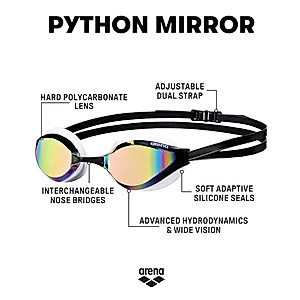 Arena Python Racing Swim Goggles for Men and Women, UV Protection, Anti-Fog, Dual Strap, Mirror Lens, Copper/White